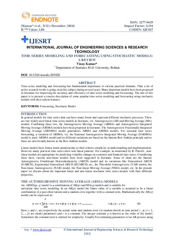 Pdf Time Series Modeling And Forecasting Using Stochastic Models A