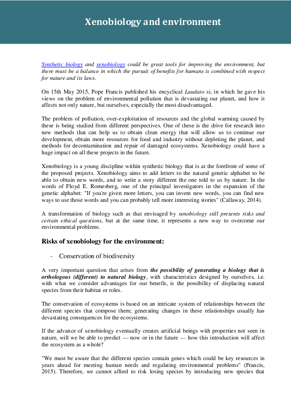 (PDF) Xenobiology and environment