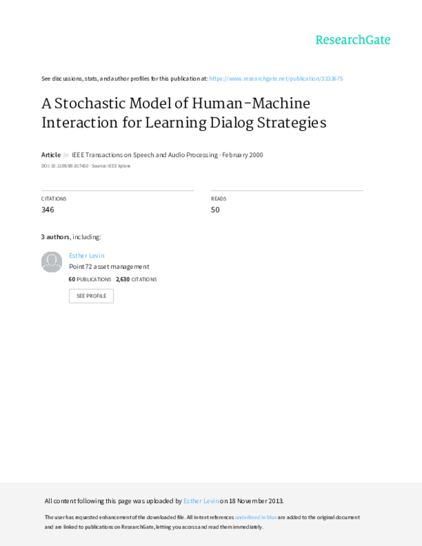 (PDF) A stochastic model of human-machine interaction for learning dialog strategies | Wieland ...