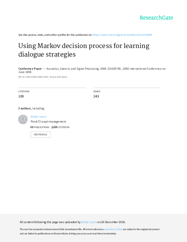 (PDF) Using Markov decision process for learning dialogue strategies