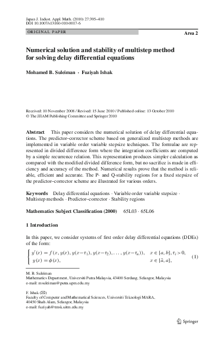 (PDF) Numerical solution and stability of multistep method for solving ...