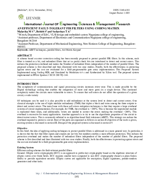 (PDF) AN EFFICIENT FAULT-TOLERANT FIR FILTERS USING CODING MATRIX