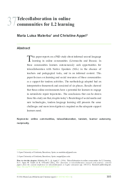 (PDF) Telecollaboration in online communities for L2 learning