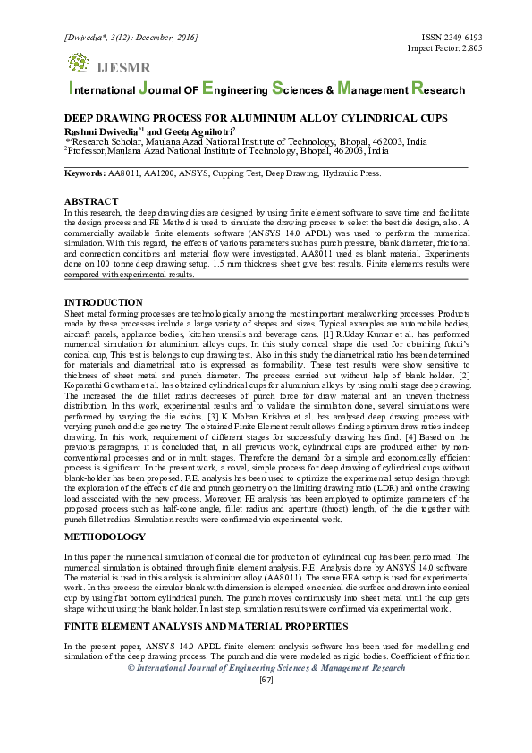 (PDF) DEEP DRAWING PROCESS FOR ALUMINIUM ALLOY CYLINDRICAL CUPS