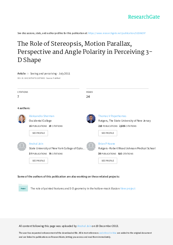 (PDF) The Role of Stereopsis, Motion Parallax, Perspective and Angle Polarity in Perceiving 3-D ...