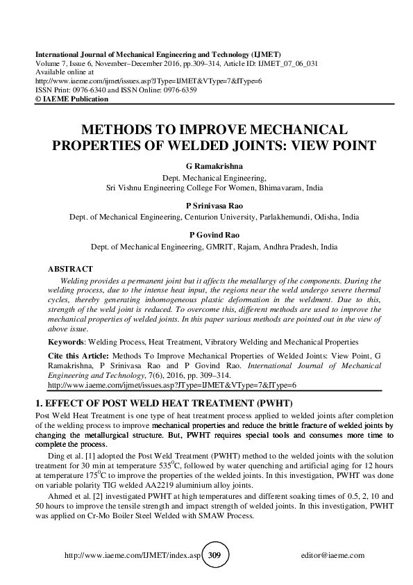 (PDF) METHODS TO IMPROVE MECHANICAL PROPERTIES OF WELDED JOINTS: VIEW ...