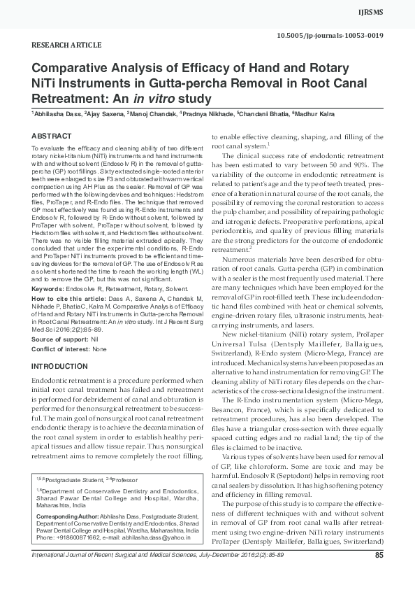 (PDF) Comparative Analysis of Efficacy of Hand and Rotary Ni Ti Instruments