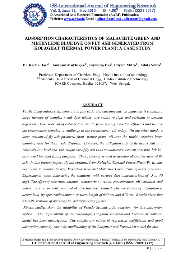 (PDF) ADSORPTION CHARACTERISTICS OF MALACHITE GREEN AND METHYLENE BLUE DYE ON FLY ASH GENERATED ...
