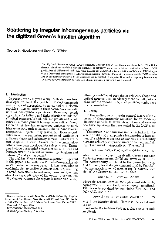 (PDF) Scattering by irregular inhomogeneous particles via the digitized Green’s function algorithm