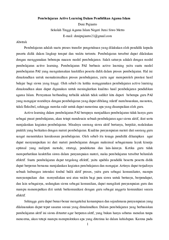 Pembelajaran Active Learning Dalam Pendidikan Agama Islam .docx | Deni Pujianto - Academia.edu