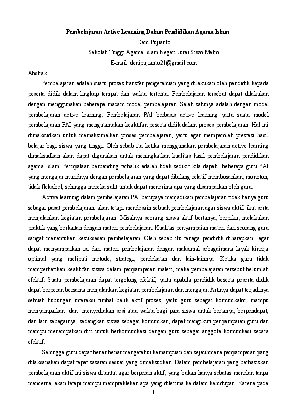 Pembelajaran Active Learning Dalam Pendidikan Agama Islam