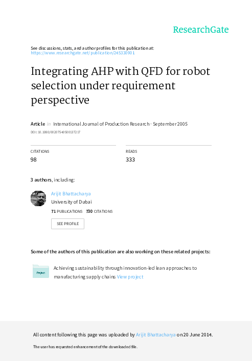 (PDF) Integrating AHP with QFD for robot selection under requirement perspective