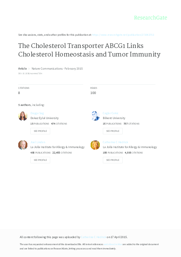 (PDF) The cholesterol transporter ABCG1 links cholesterol homeostasis ...