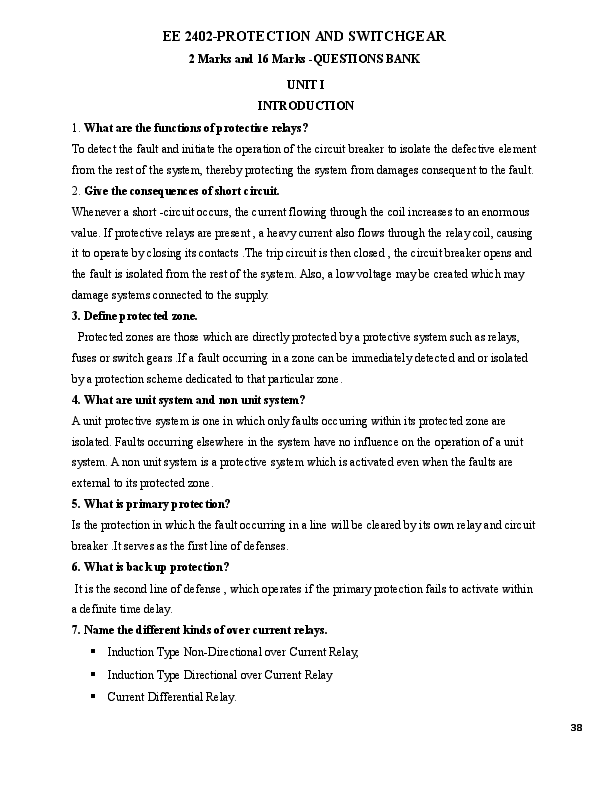 (DOC) EE 2402-PROTECTION AND SWITCHGEAR 2 Marks and 16 Marks -QUESTIONS BANK