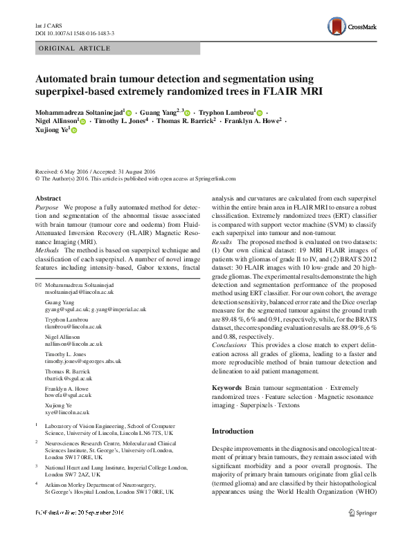 (PDF) Automated brain tumour detection and segmentation using superpixel-based extremely ...