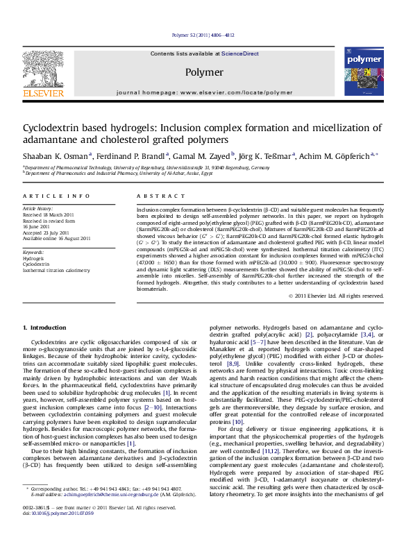 (PDF) Cyclodextrin based hydrogels: Inclusion complex formation and ...