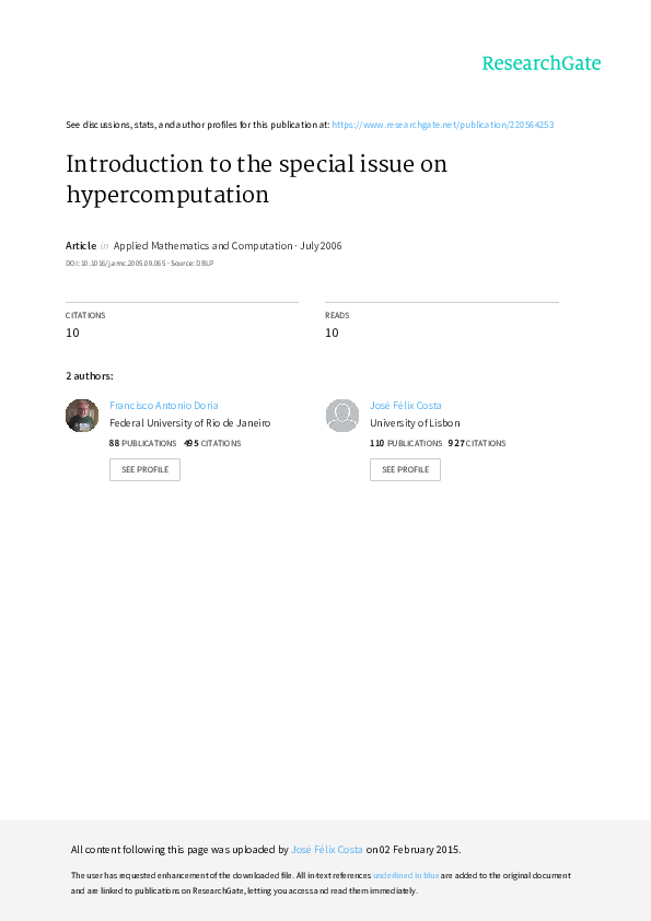 (PDF) Introduction to the special issue on hypercomputation