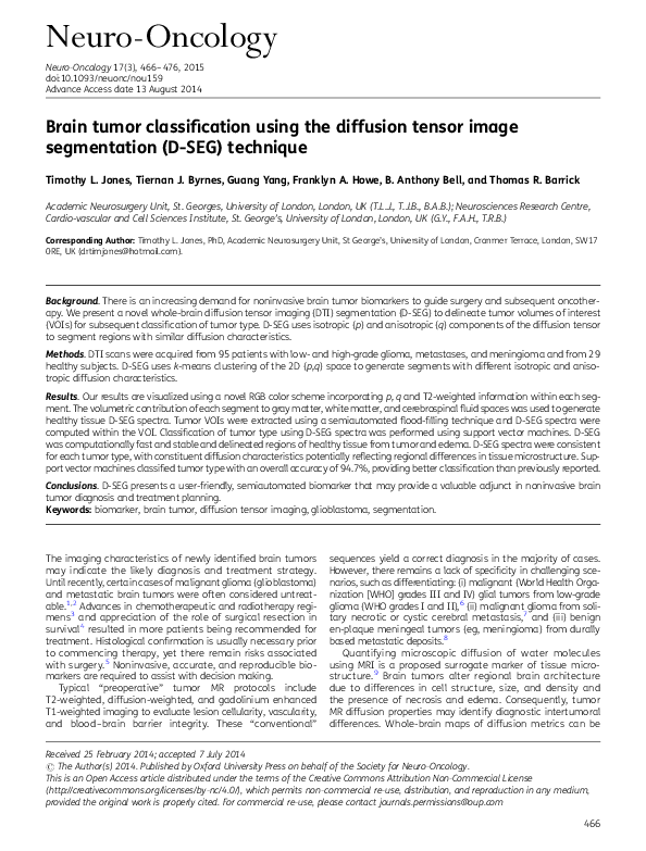 Pdf Brain Tumor Classification Using The Diffusion Tensor Image Segmentation D Seg Technique