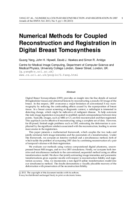 Pdf Numerical Methods For Coupled Reconstruction And Registration In Digital Breast Tomosynthesis