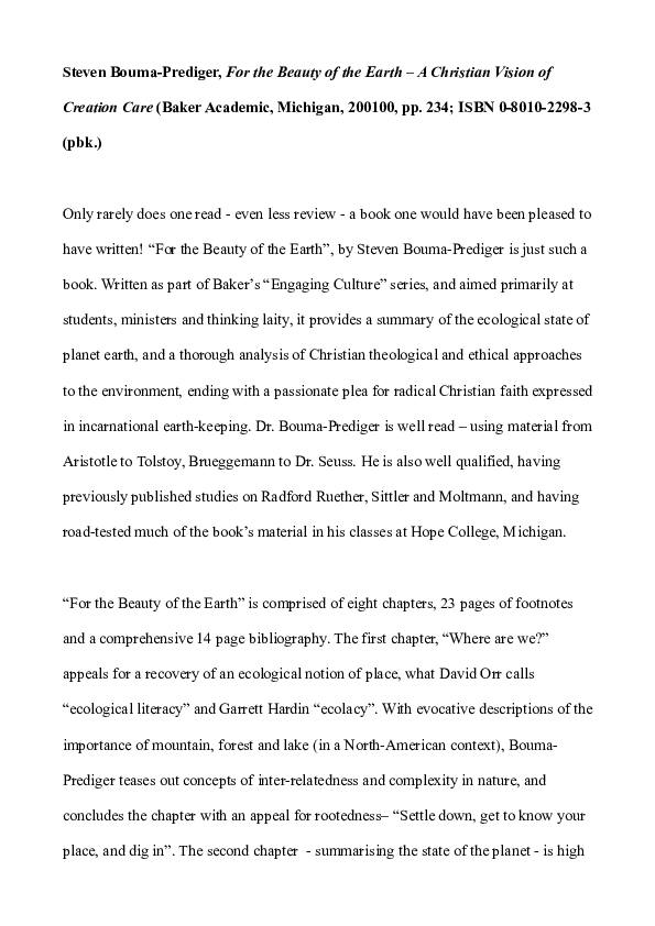 (DOC) Revew of 'For the Beauty of the Earth -- A Christian Vision of ...