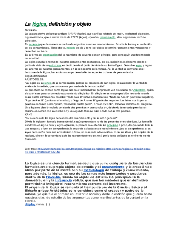 (DOC) La lógica, definición y objeto