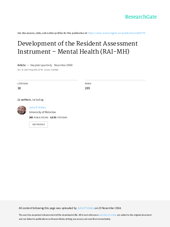 (PDF) Development of the Resident Assessment Instrument - Mental Health ...