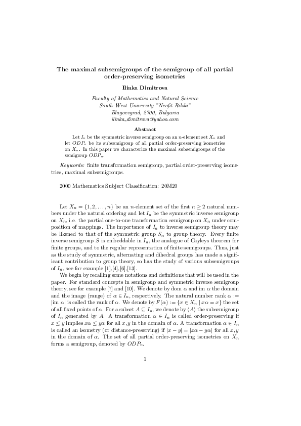 Pdf The Maximal Subsemigroups Of The Semigroup Of All Partial Order Preserving Isometries
