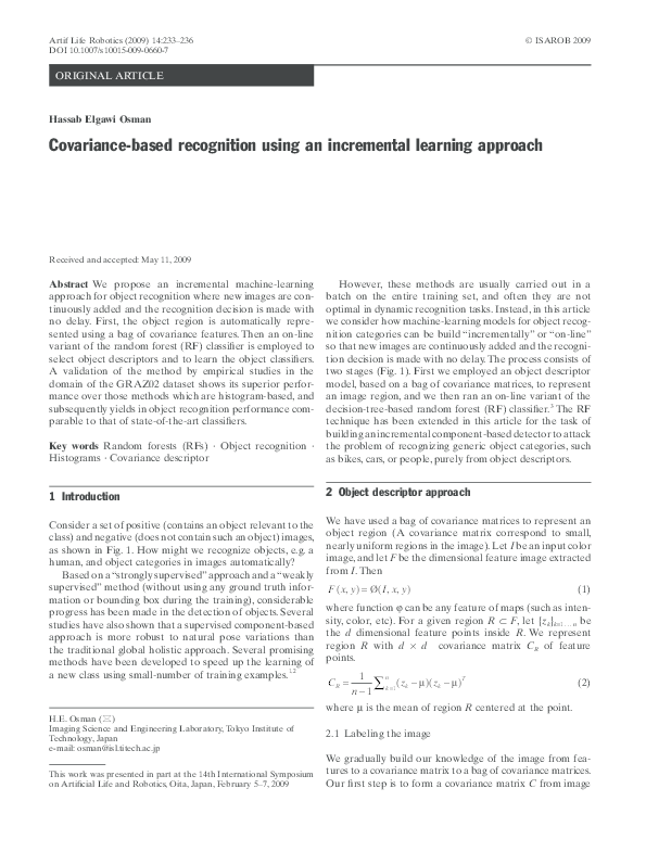 (PDF) Covariance-based recognition using an incremental learning approach