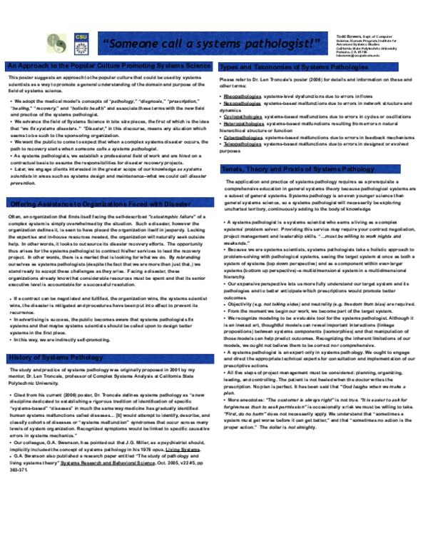 (PDF) Somebody call a systems pathologist! (presentation, poster)