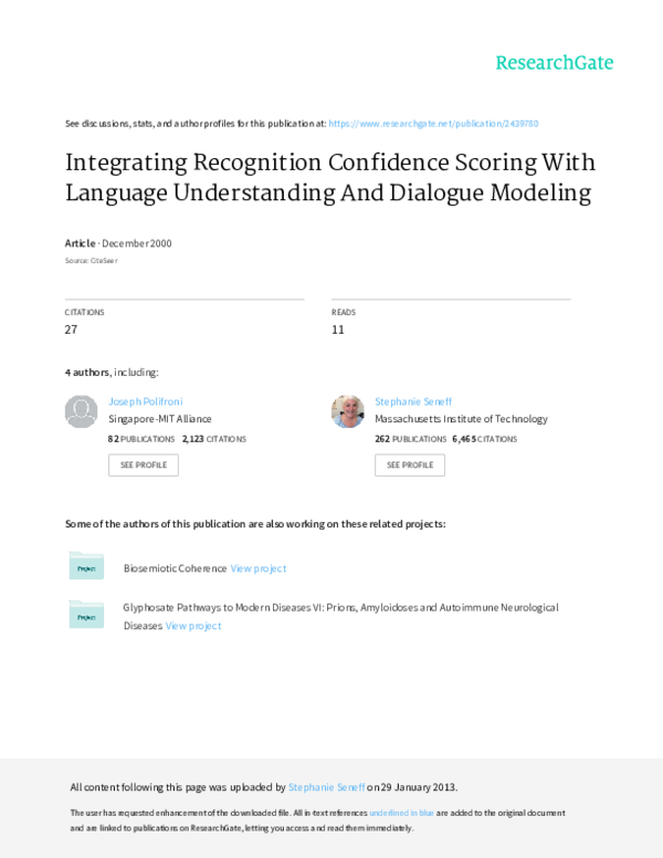 (PDF) Integrating Recognition Confidence Scoring With Language Understanding And Dialogue Modeling