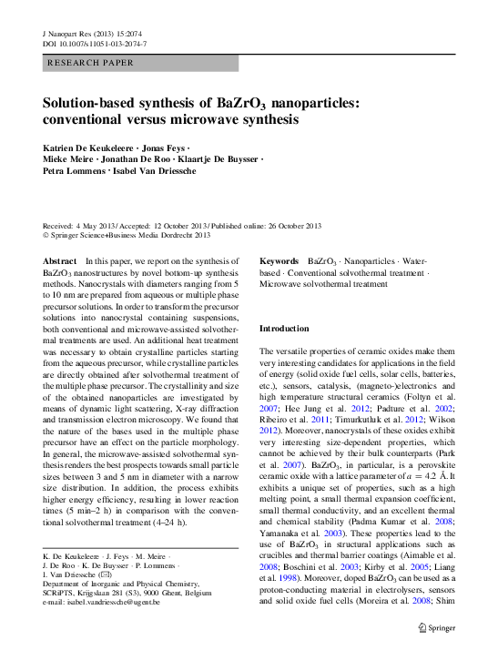 (PDF) Solution-based synthesis of BaZrO3 nanoparticles: conventional versus microwave synthesis