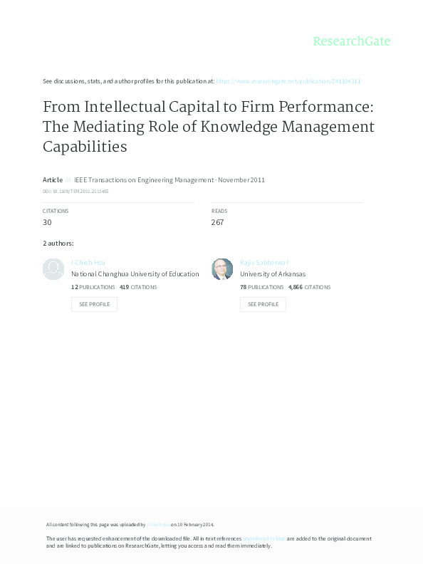 (PDF) From Intellectual Capital to Firm Performance: The Mediating Role of Knowledge Management ...