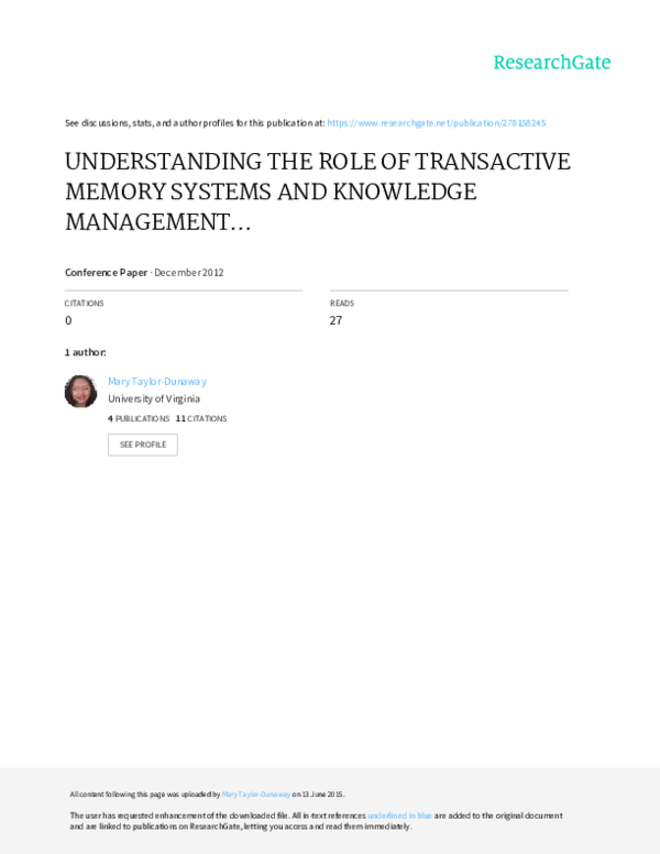 (PDF) Understanding the role of Transactive Memory Systems and Knowledge Management Mechanisms ...