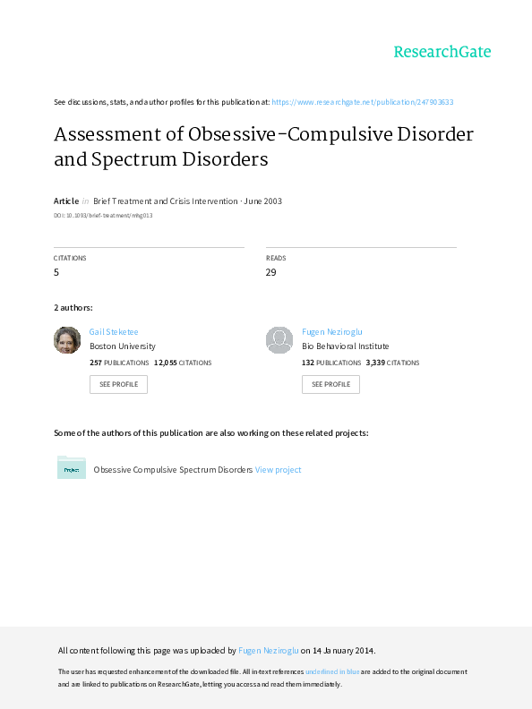 (PDF) Assessment of Obsessive‐Compulsive Disorder and Spectrum Disorders