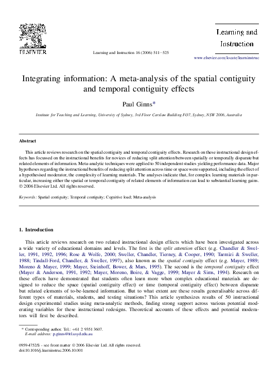 (PDF) Integrating information: A meta-analysis of the spatial contiguity and temporal contiguity ...