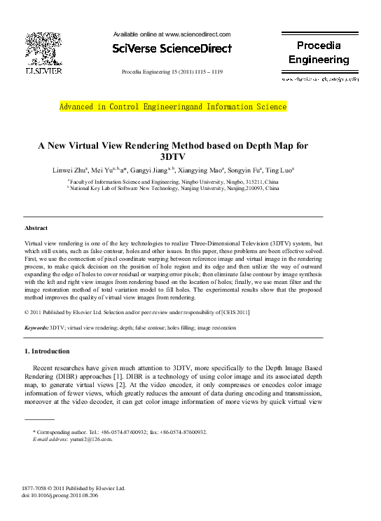 (PDF) A New Virtual View Rendering Method based on Depth Map for 3DTV3DTV; virtual view ...