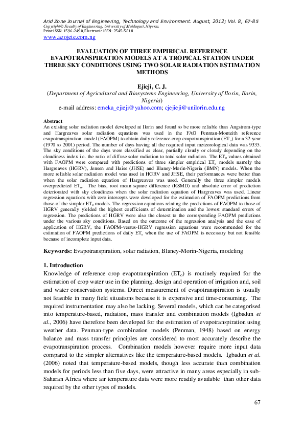 Pdf Evaluation Of Three Empirical Reference Evapotranspiration Models At A Tropical Station