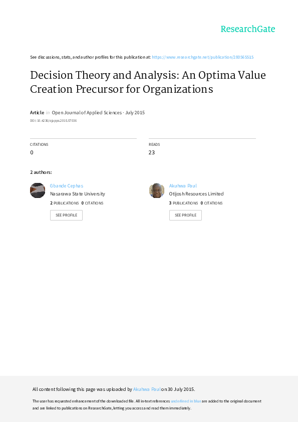 (PDF) Decision Theory and Analysis: An Optima Value Creation Precursor ...