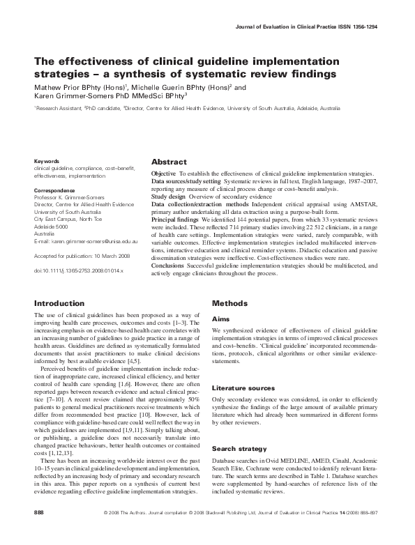 (PDF) The effectiveness of clinical guideline implementation strategies a synthesis of ...