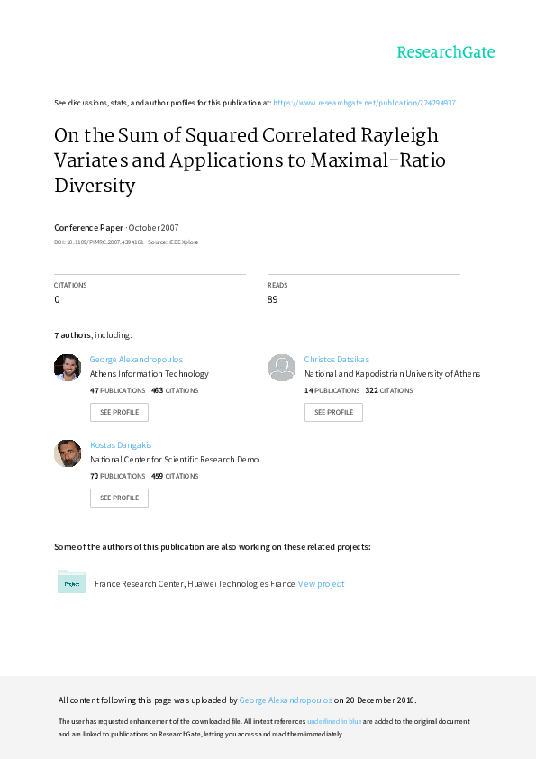 Pdf On The Sum Of Squared Correlated Rayleigh Variates And Applications To Maximal Ratio Diversity