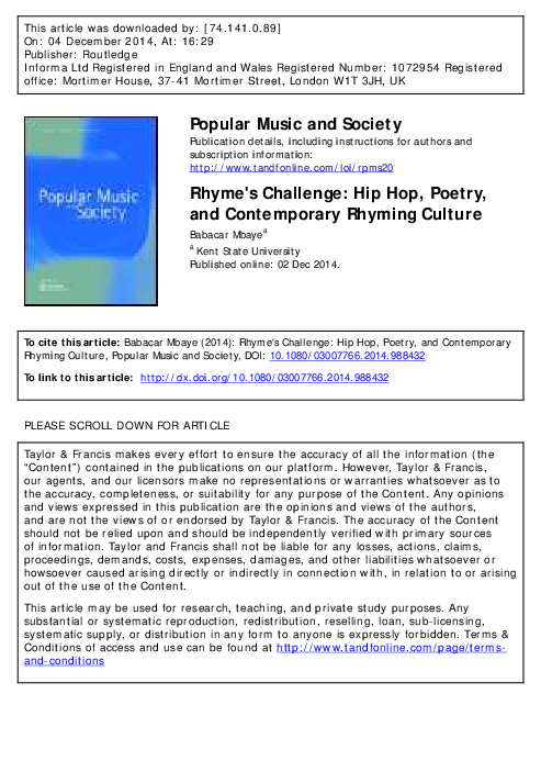 (PDF) Review of the book, Popular Music and Society Rhyme's Challenge ...