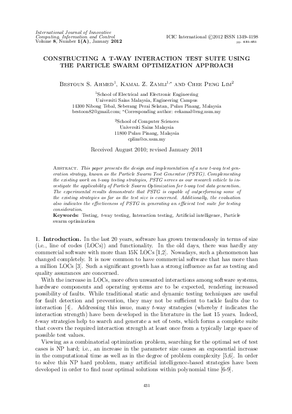 Pdf Constructing A T Way Interaction Test Suite Using The Particle Swarm Optimization Approach