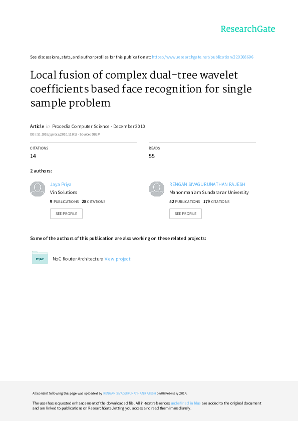 (PDF) Local fusion of complex dual-tree wavelet coefficients based face recognition for single ...