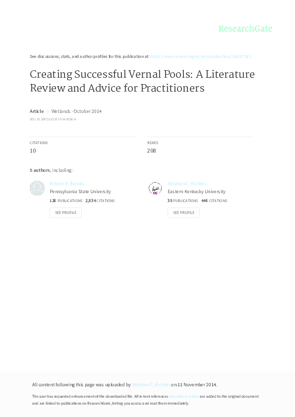 (PDF) Creating Successful Vernal Pools: A Literature Review and Advice ...
