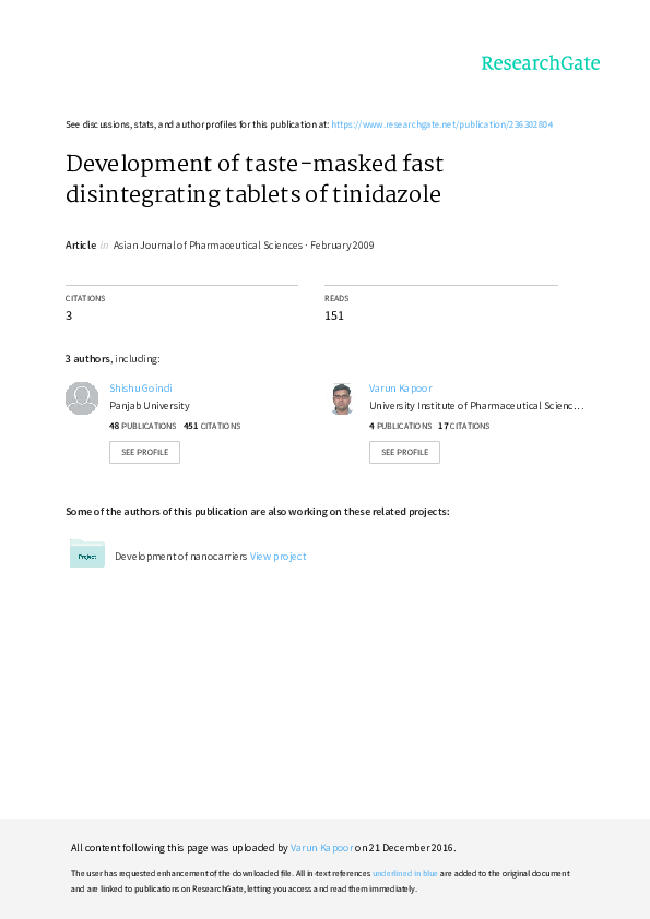 Pdf Development Of Taste Masked Fast Disintegrating Tablets Of Tinidazole