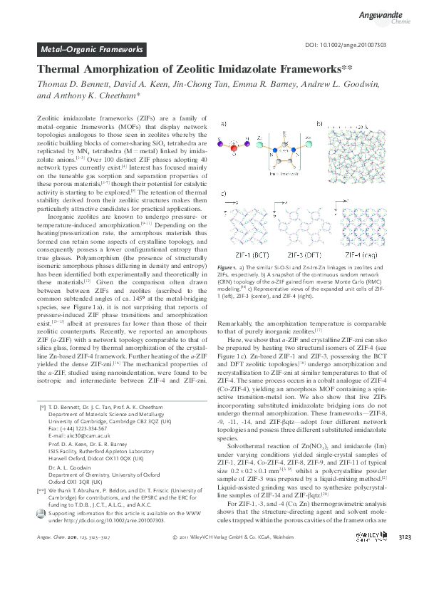 (PDF) Thermal Amorphization of Zeolitic Imidazolate Frameworks