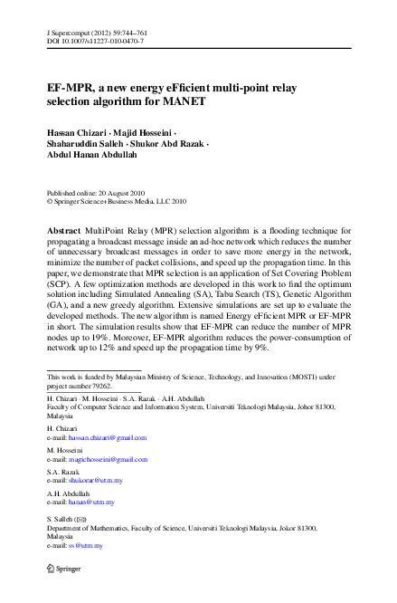 Pdf Ef Mpr A New Energy Efficient Multi Point Relay Selection Algorithm For Manet