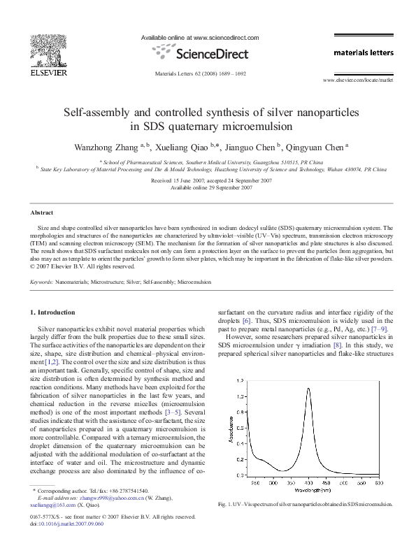 (PDF) Self-assembly and controlled synthesis of silver nanoparticles in SDS quaternary microemulsion