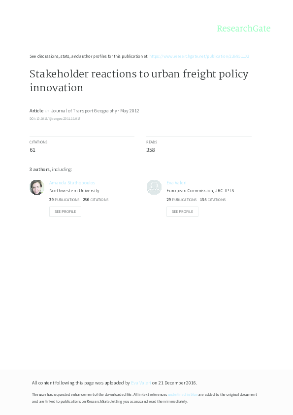 (PDF) Stakeholder reactions to urban freight policy innovation