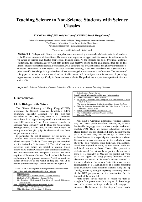 (PDF) Teaching Science to Non-Science Students with Science Classics